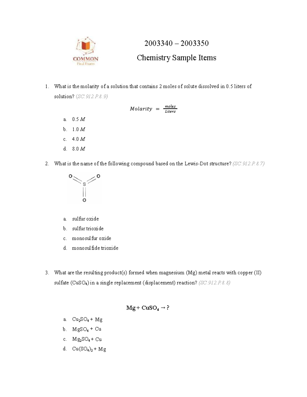 Chemistry Sample Questions & Answers for Courses 2003340 & 2003350 ...