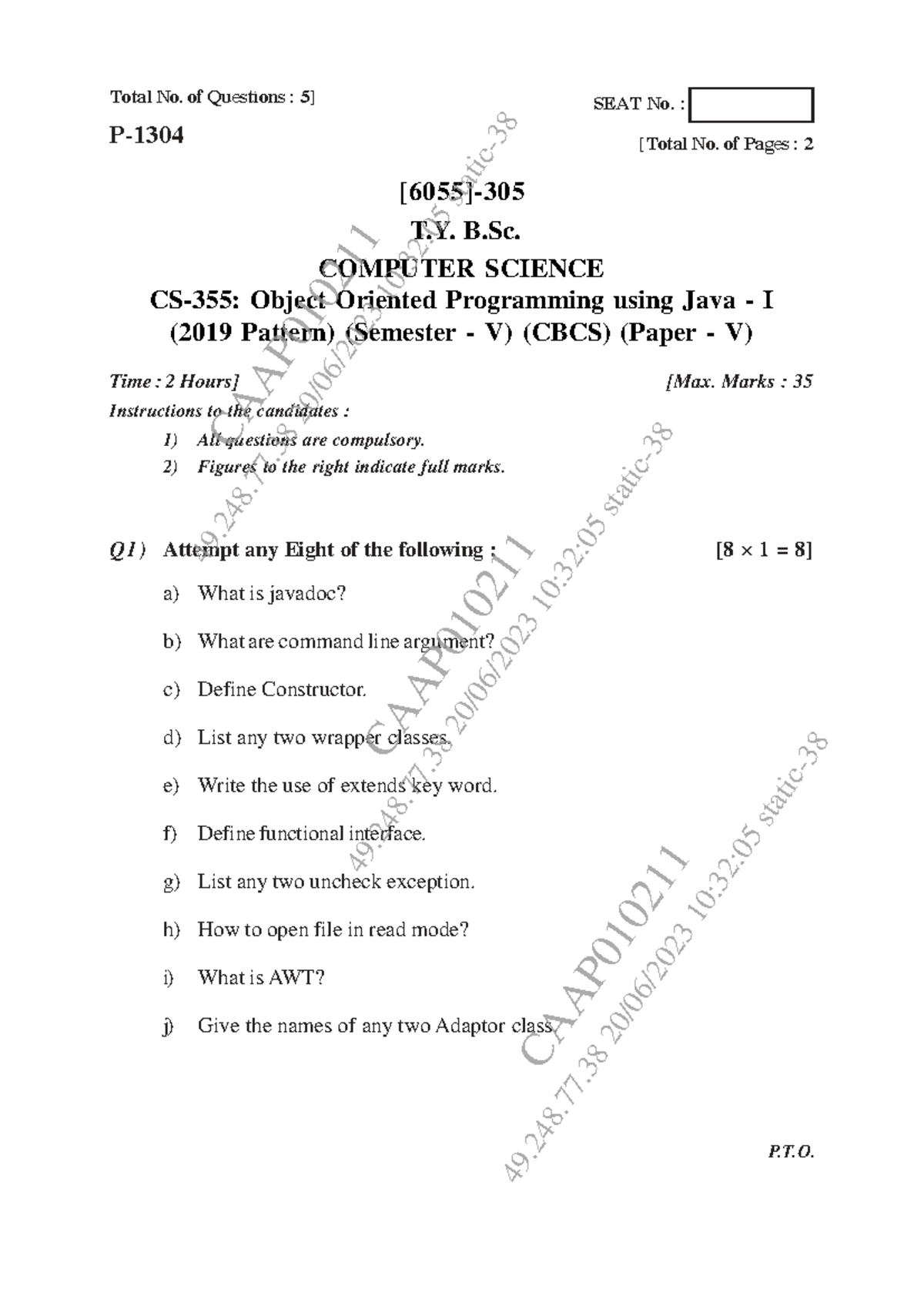 T.Y. B.Sc. CS 355 Final Exam: Object Oriented Programming in Java I ...