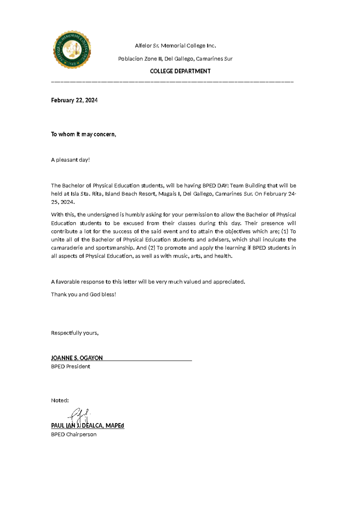 2024 BPED Day Team Building Excuse Request Letter - Studocu