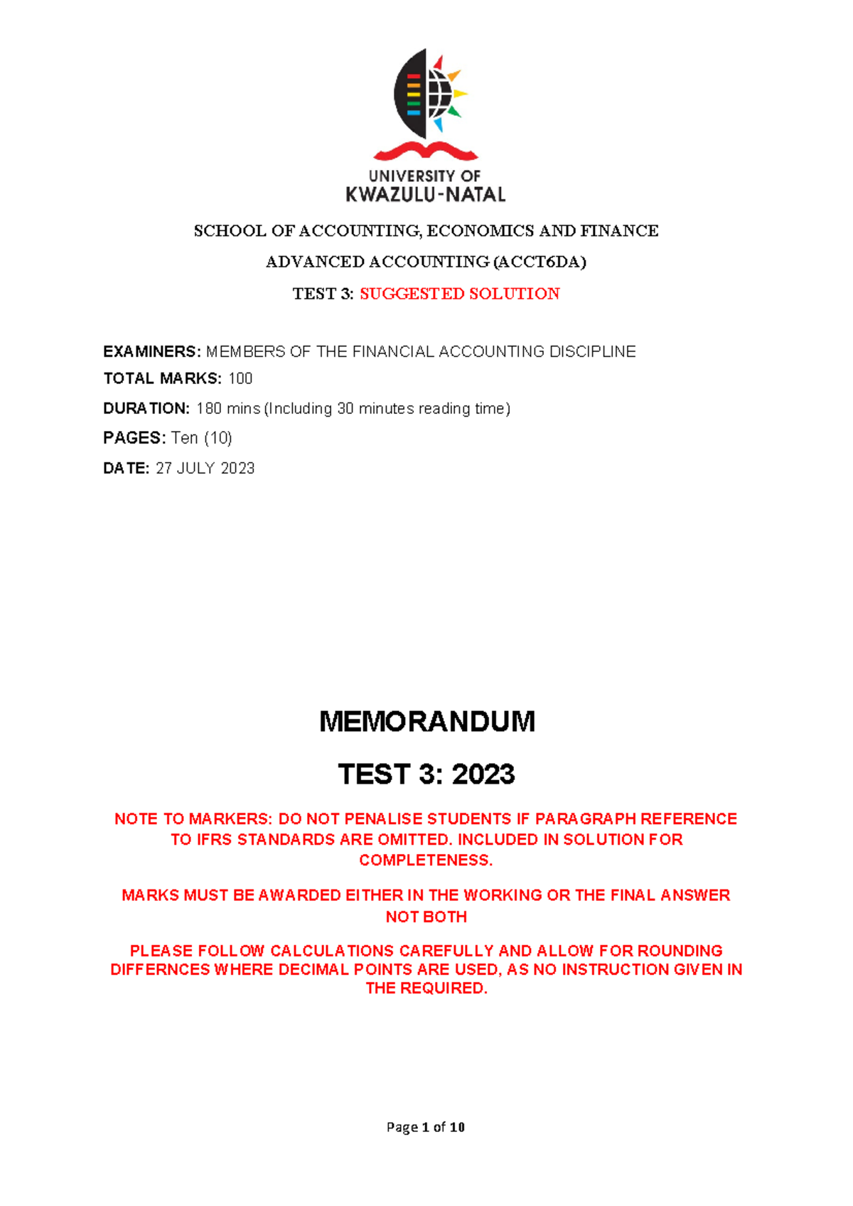 Adv Acc Test 3 2023 Solution - SCHOOL OF ACCOUNTING, ECONOMICS AND ...