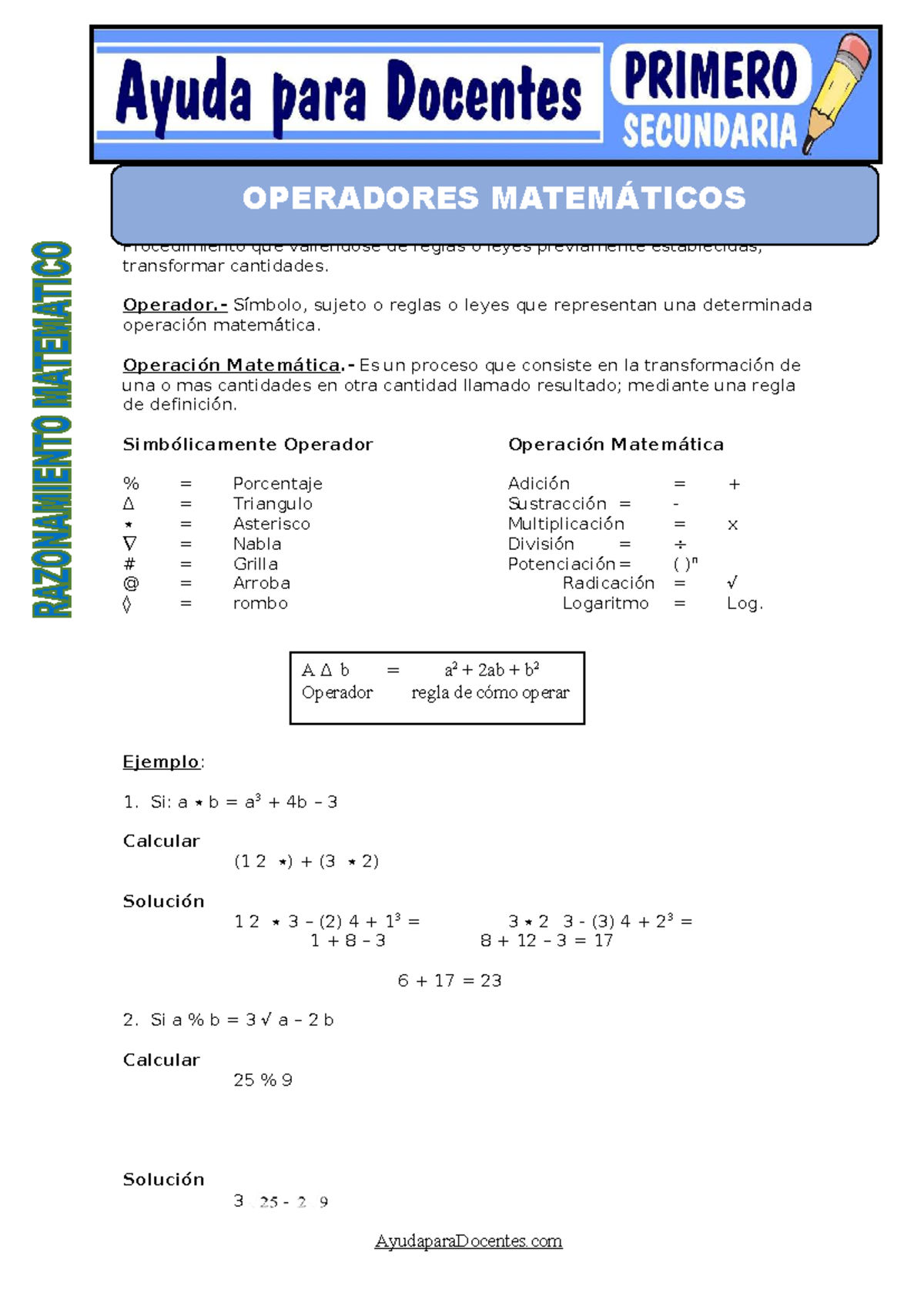 Operadores Matemáticos: Guía para Primero de Secundaria - Studocu