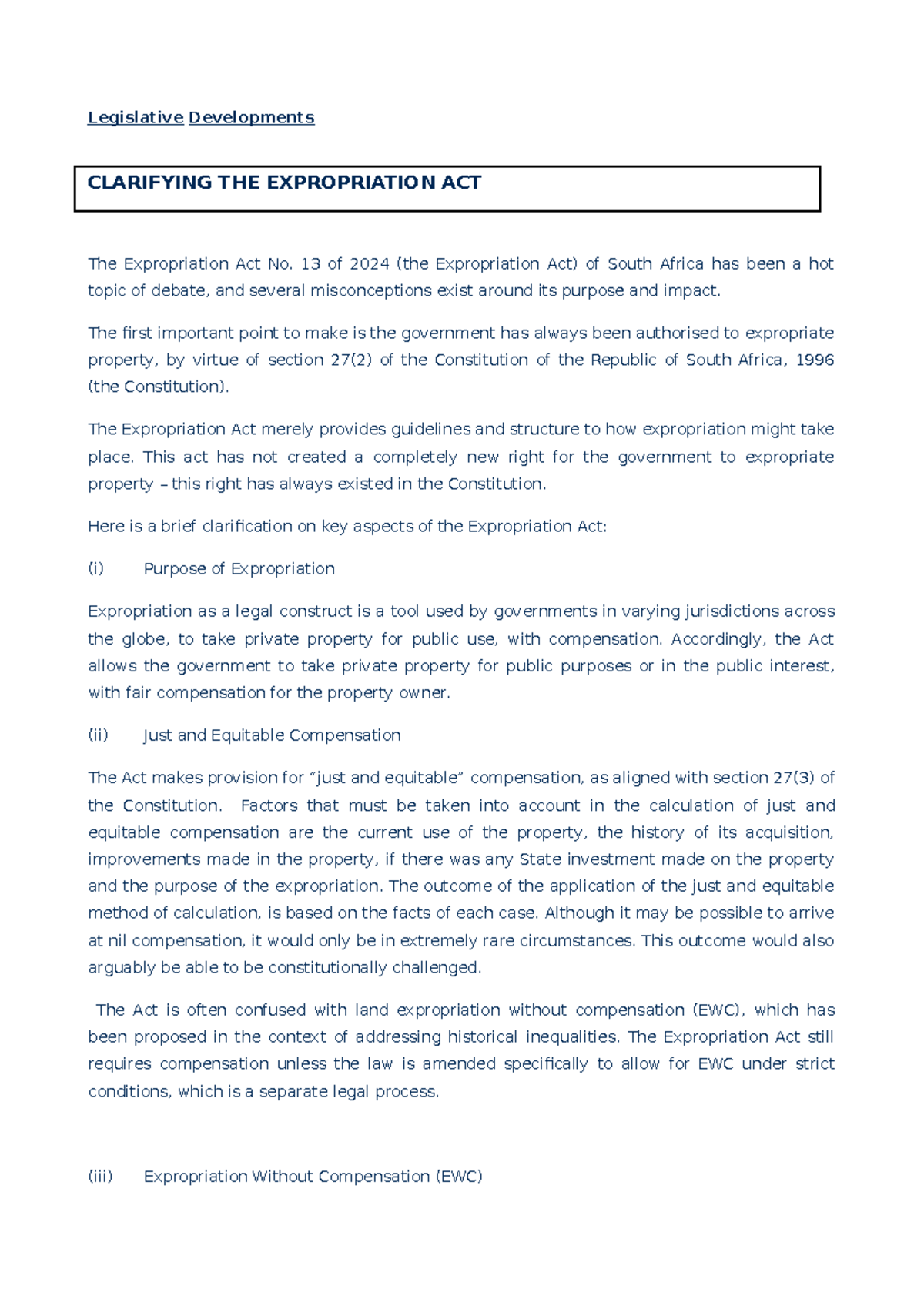 Legislative Developments on Expropriation Act No. 13 of 2024 - Studocu