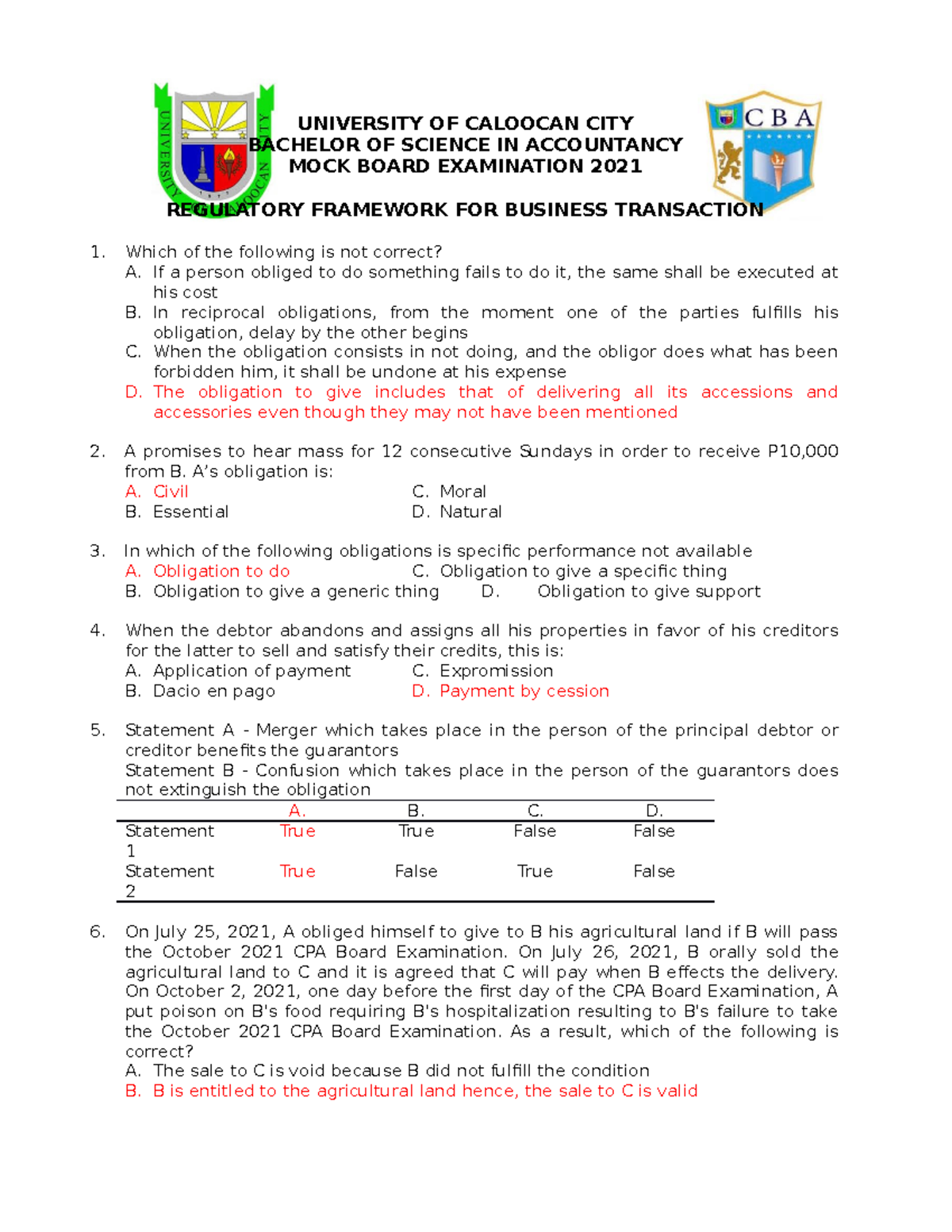UCC 2021 Mock Board Exam Guide for RFBT 100: Essential Concepts ...