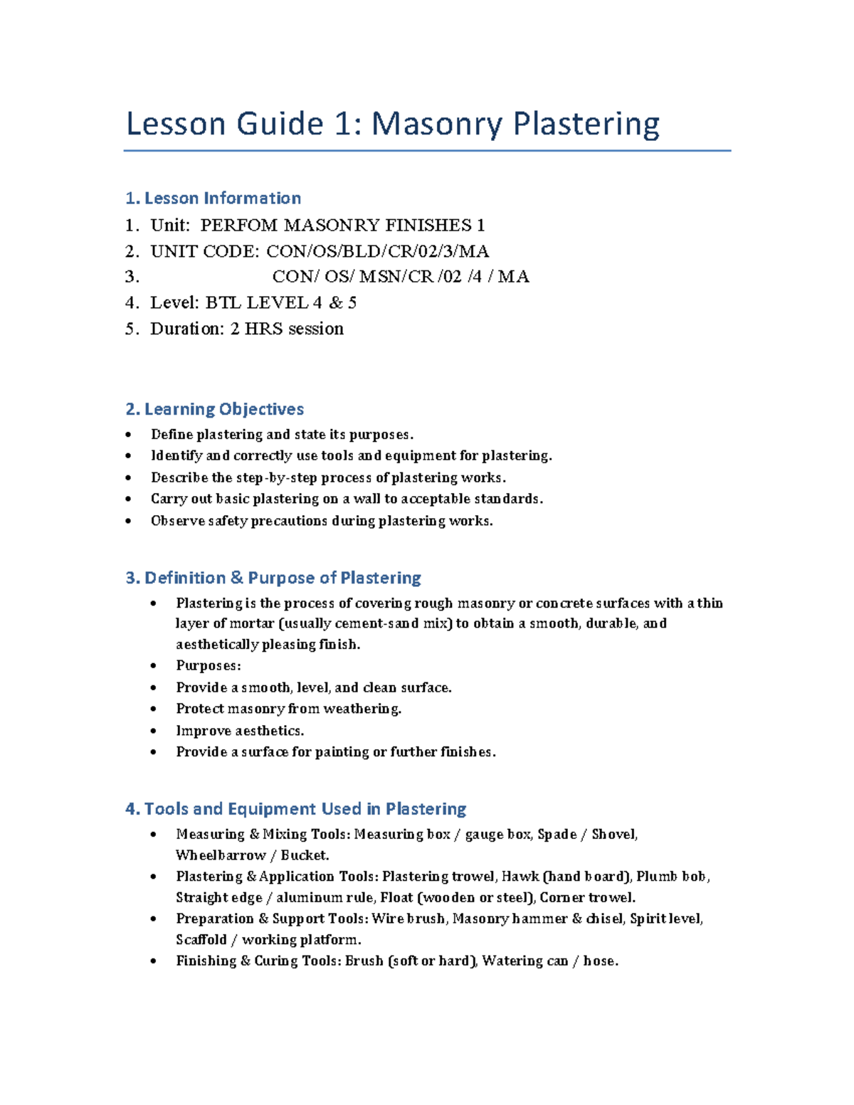 Masonry Finishes 1: Comprehensive Lesson Guide on Plastering Techniques - Studocu