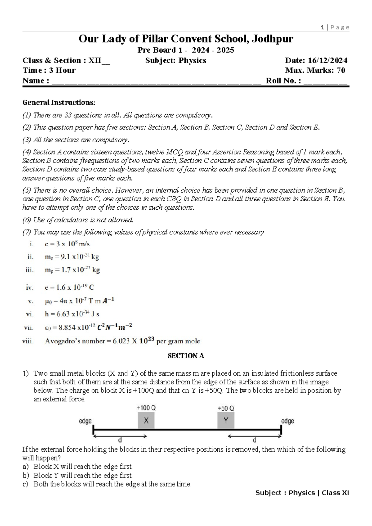 XII Physics Pre Board 1 Exam Paper 2024-25 - Studocu