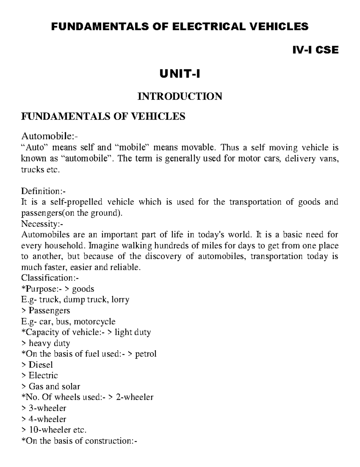 FEV UNIT 1 - Fundamentals of Electric Vehicles and Components - Studocu