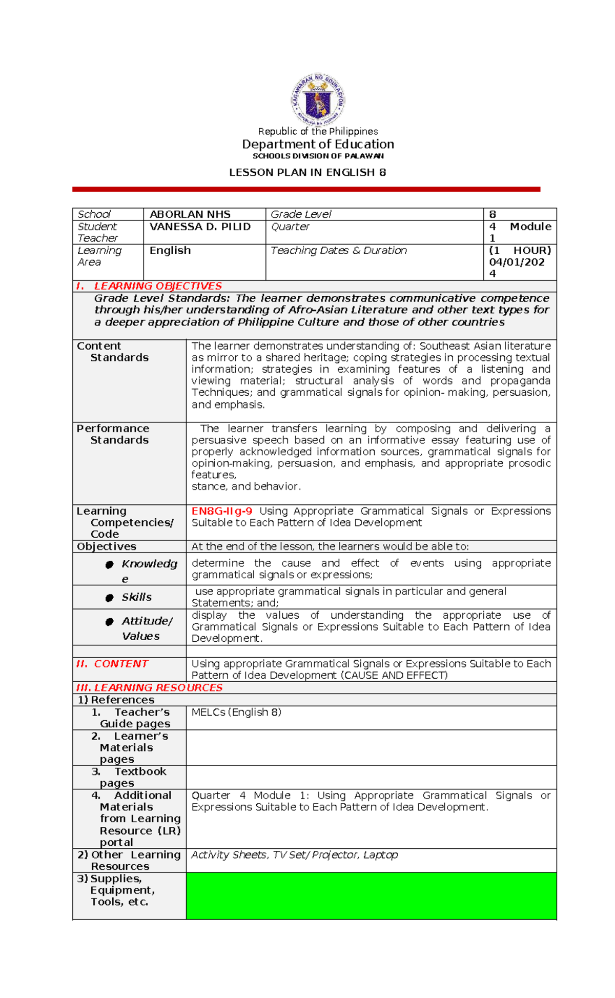 DLP G8 ENGLISH 8 Lesson Plan: Using Grammatical Signals (M1 L1) - Studocu