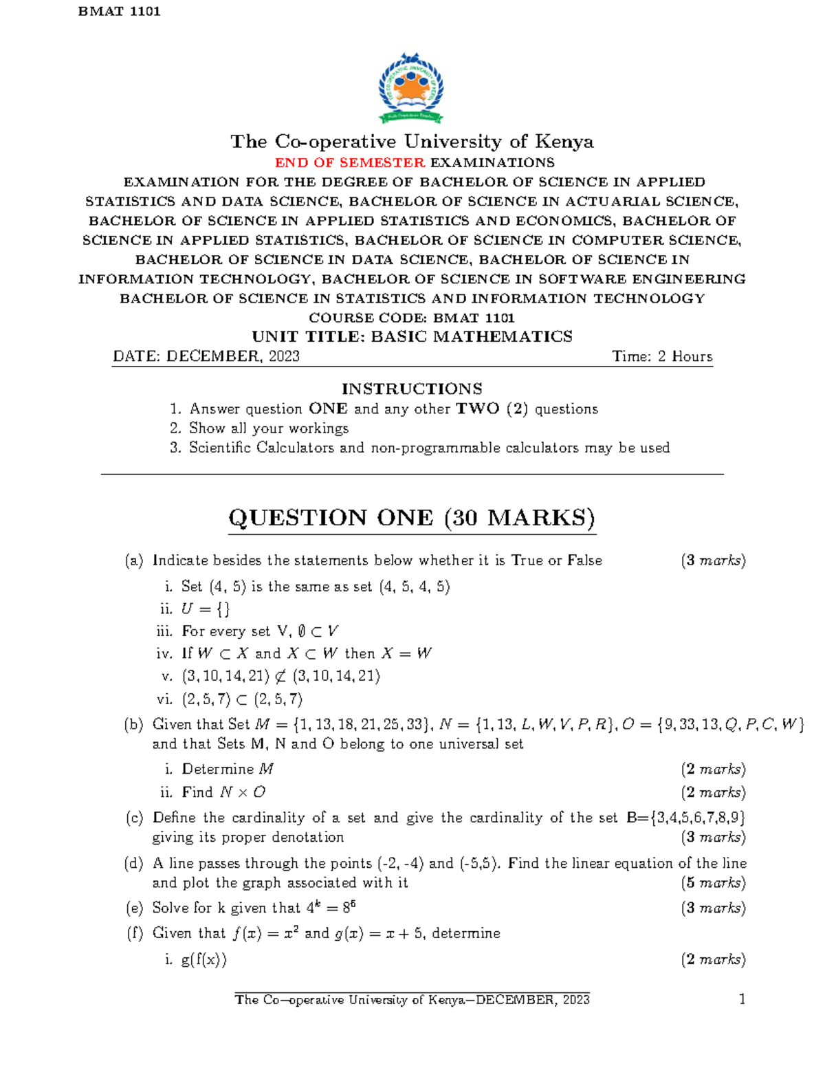 BMAT 1101 End of Semester Exam - Basic Mathematics 2023 - Studocu