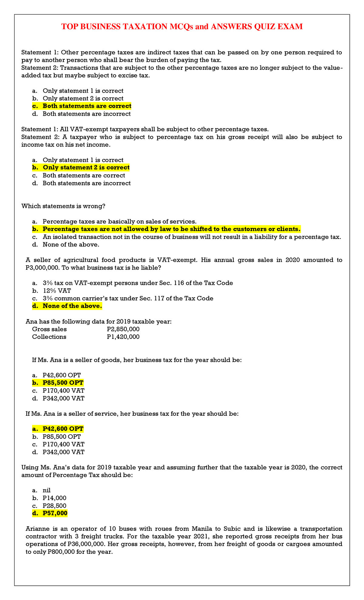 BUS 101 Business Taxation MCQs & Answers Quiz Exam Review - Studocu