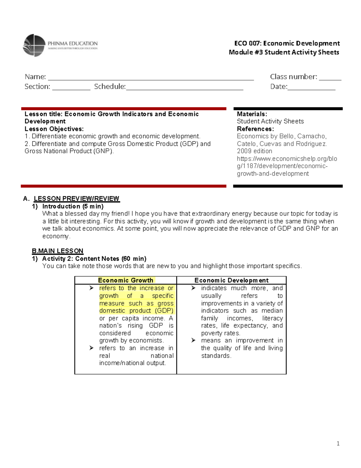 ECO 007: Economic Growth Indicators & Development Lesson Activity ...