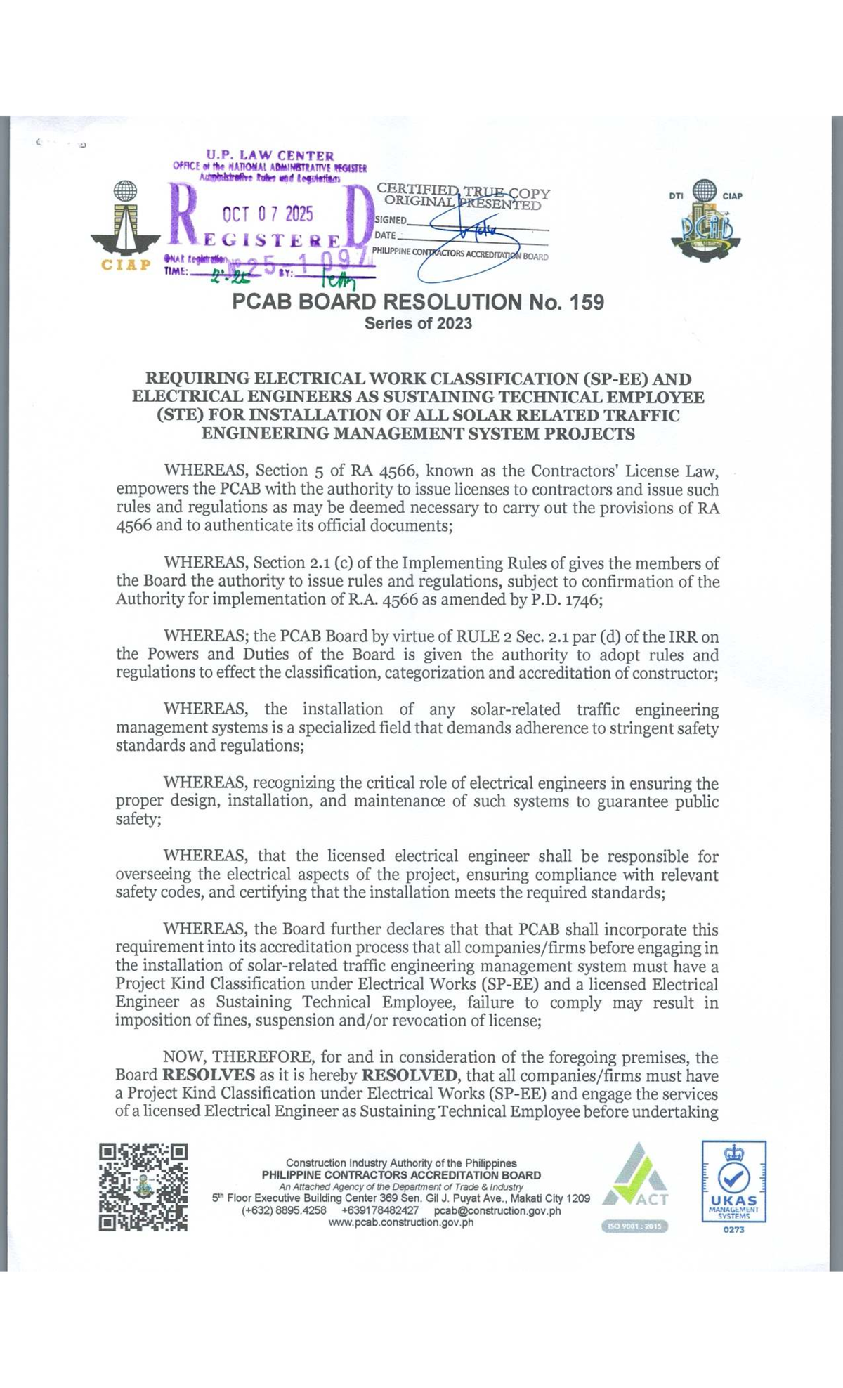 PCAB Board Resolution No. 159: Electrical Engineer Requirements for ...