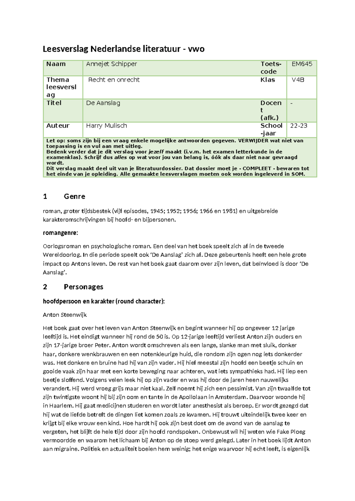 Leesverslag 1 - VWO 4 - Boekverslag De Aanslag van Harry Mulisch ...