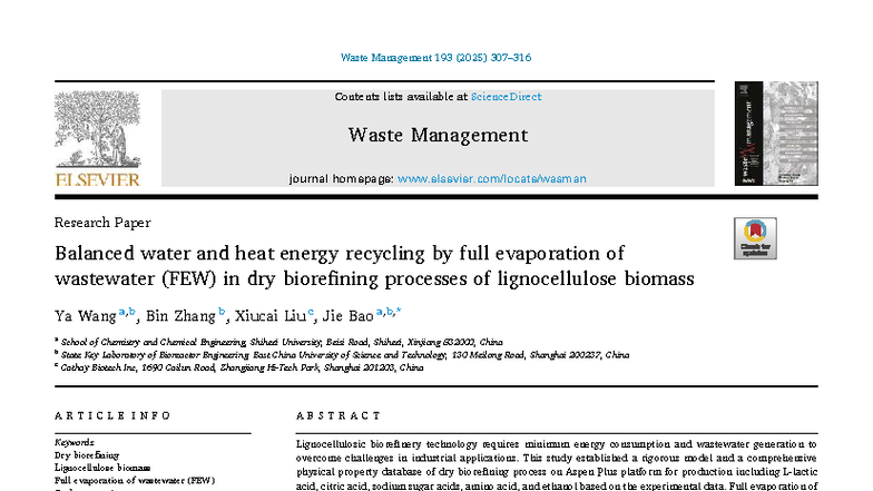 Balanced Water and Heat Energy Recycling in Dry Biorefining Processes ...