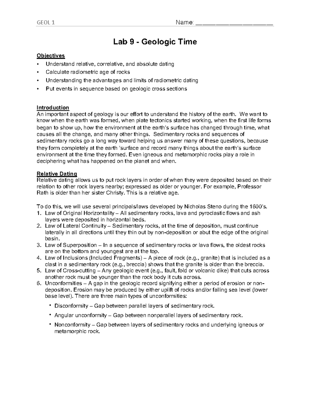 Lab 9 Geologic Time - Lab 9 - Geologic Time Objectives Understand relative, correlative, and ...