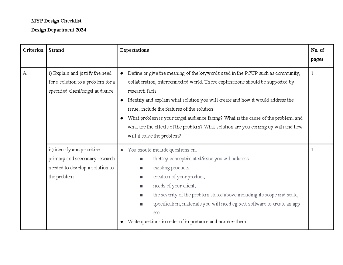 MYP Design Checklist 2024: Key Steps and Success Criteria - Studocu