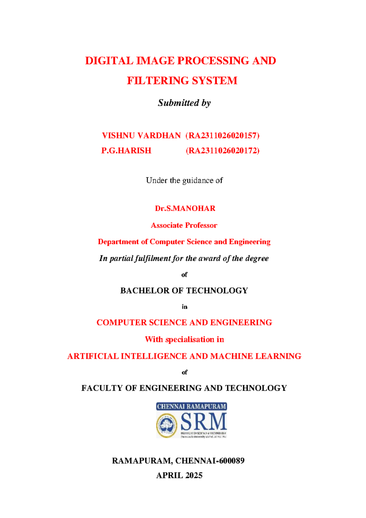 DIGITAL IMAGE PROCESSING PROJECT (21CSE251T) - B.Tech CSE - Studocu