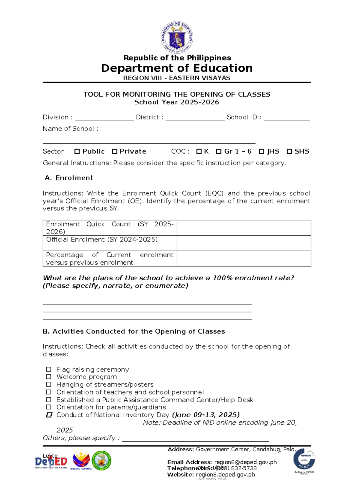 TOOL FOR MONITORING THE OPENING OF CLASSES SY 2025-2026 - Studocu