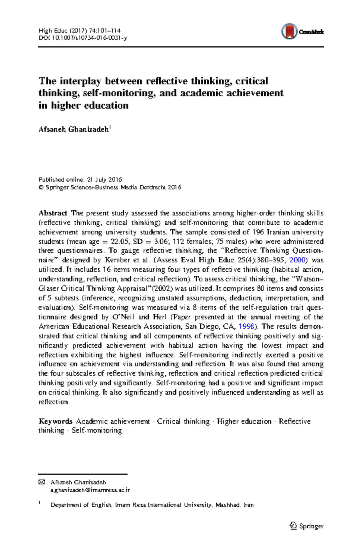 Reflective & Critical Thinking in Higher Ed: Impacts on Achievement ...