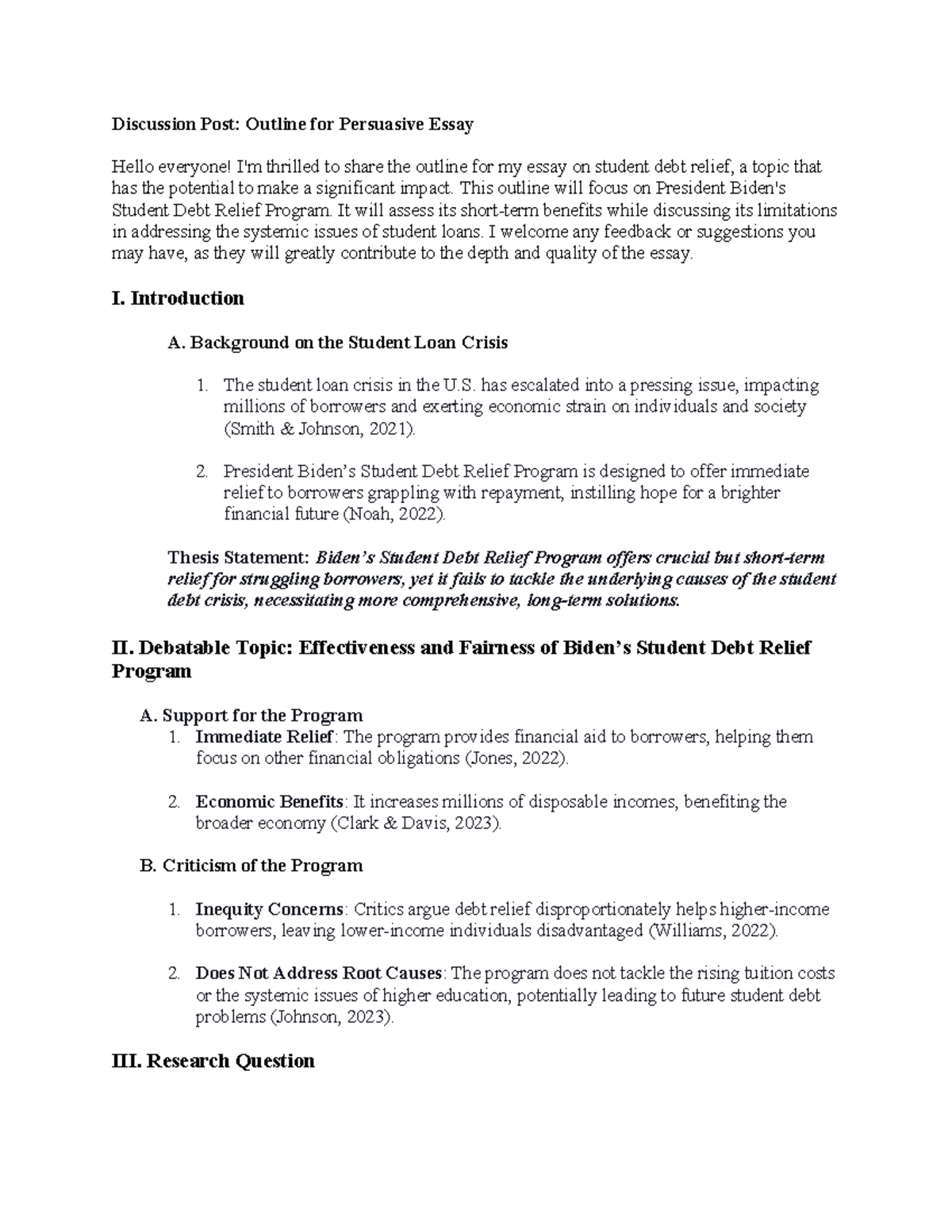 Outline for Persuasive Essay on Student Debt Relief (ENG 101) - Studocu