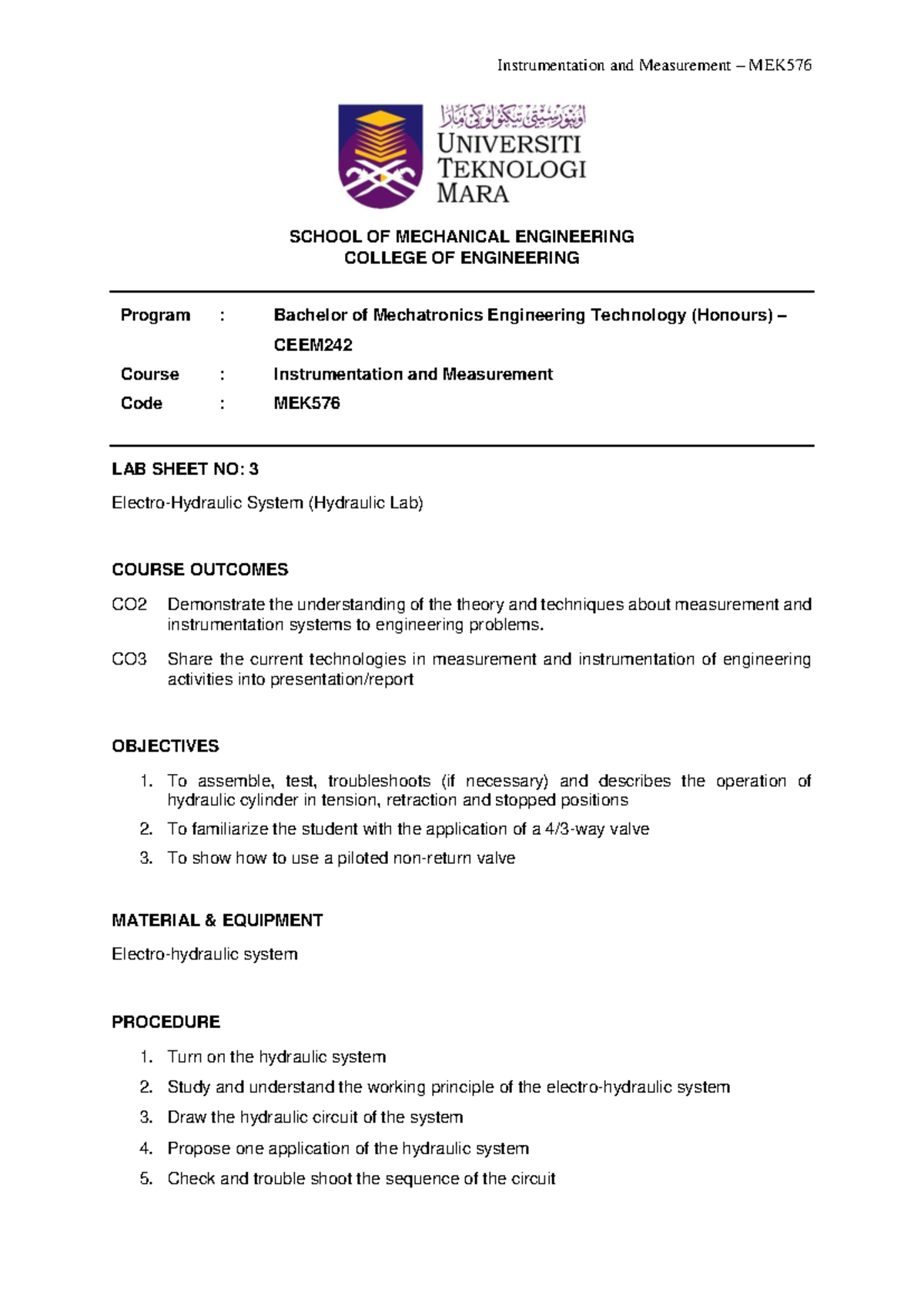Lab3-Electro-Hydraulic System - Instrumentation and Measurement – MEK ...