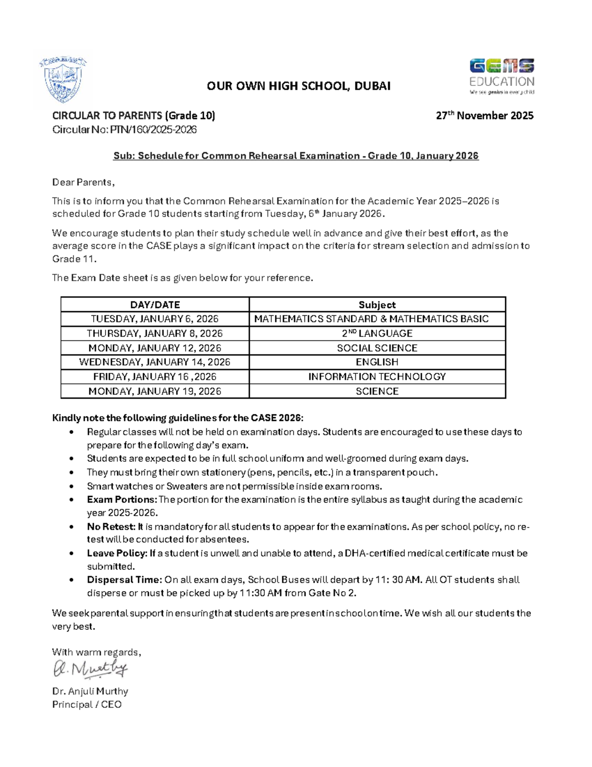 Grade 10 Common Rehearsal Exam Schedule - January 2026 Circular - Studocu
