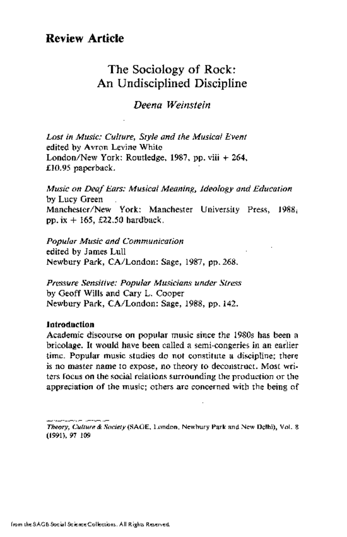 Weinstein 1991 the sociology of rock an undisciplined discipline ...