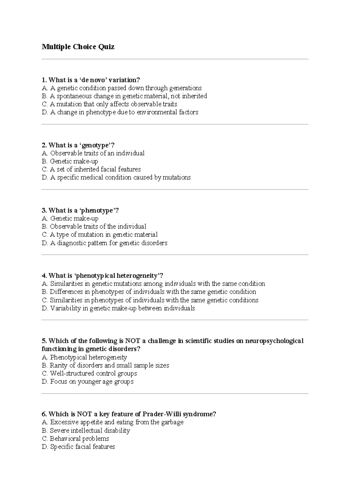 Oefentoets - Week 7: Genetic Variations & Disorders Quiz - Studeersnel