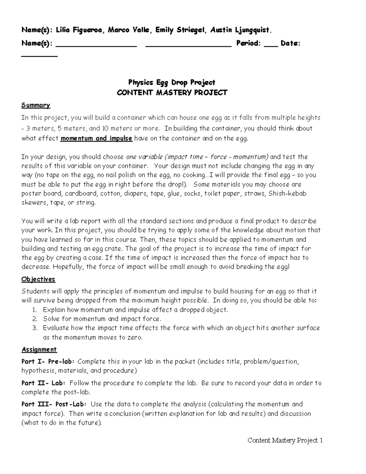 Physics 101: Egg Drop Project Assignment & Lab Report Rubric - Studocu