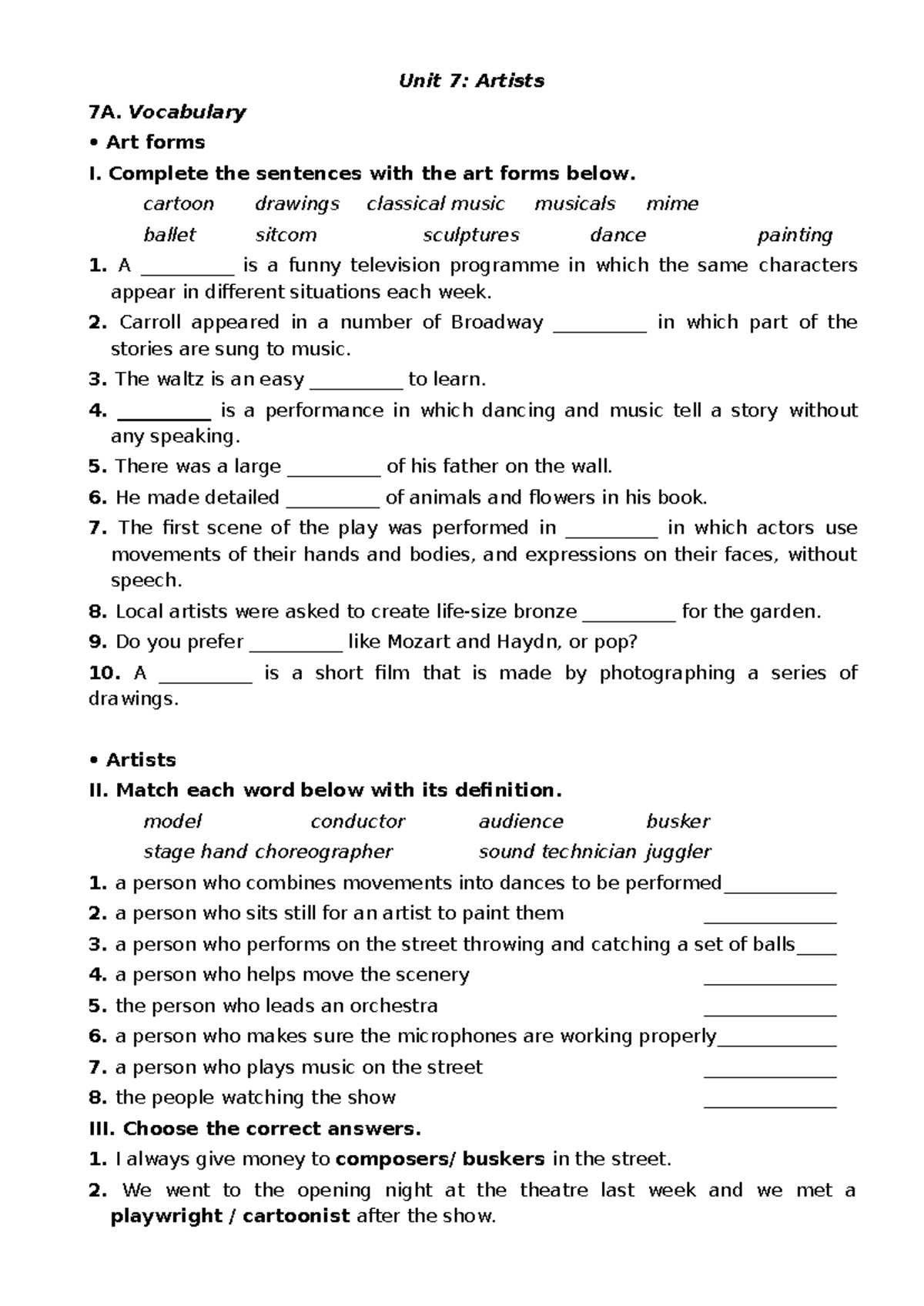 Unit 7: Artists - Vocabulary and Activities for English 11 - Studocu