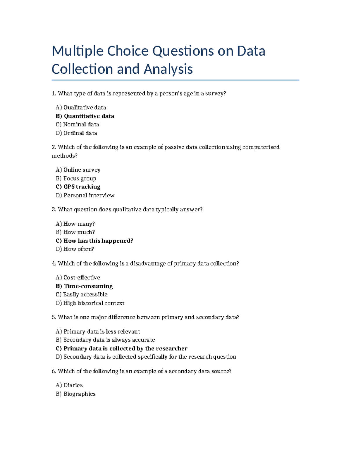 Data Collection Quiz Questions: MCQs on Data Types and Methods - Studocu