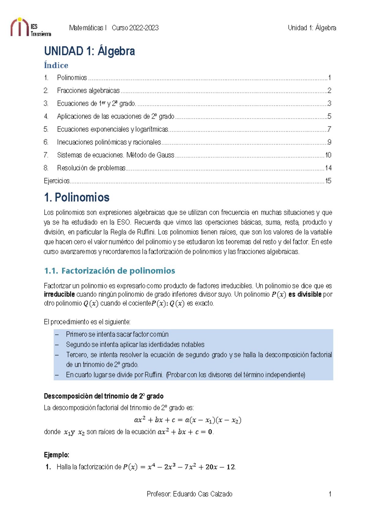 Matemáticas I - Apuntes Unidad 1: Álgebra y Ecuaciones - Studocu