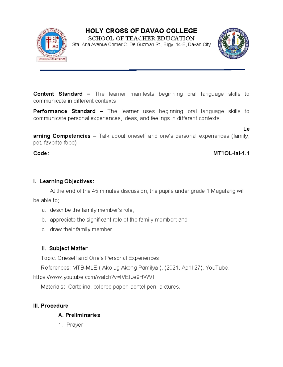 Mothertongue Lesson Plan: Family & Personal Experiences (BEED) - Studocu