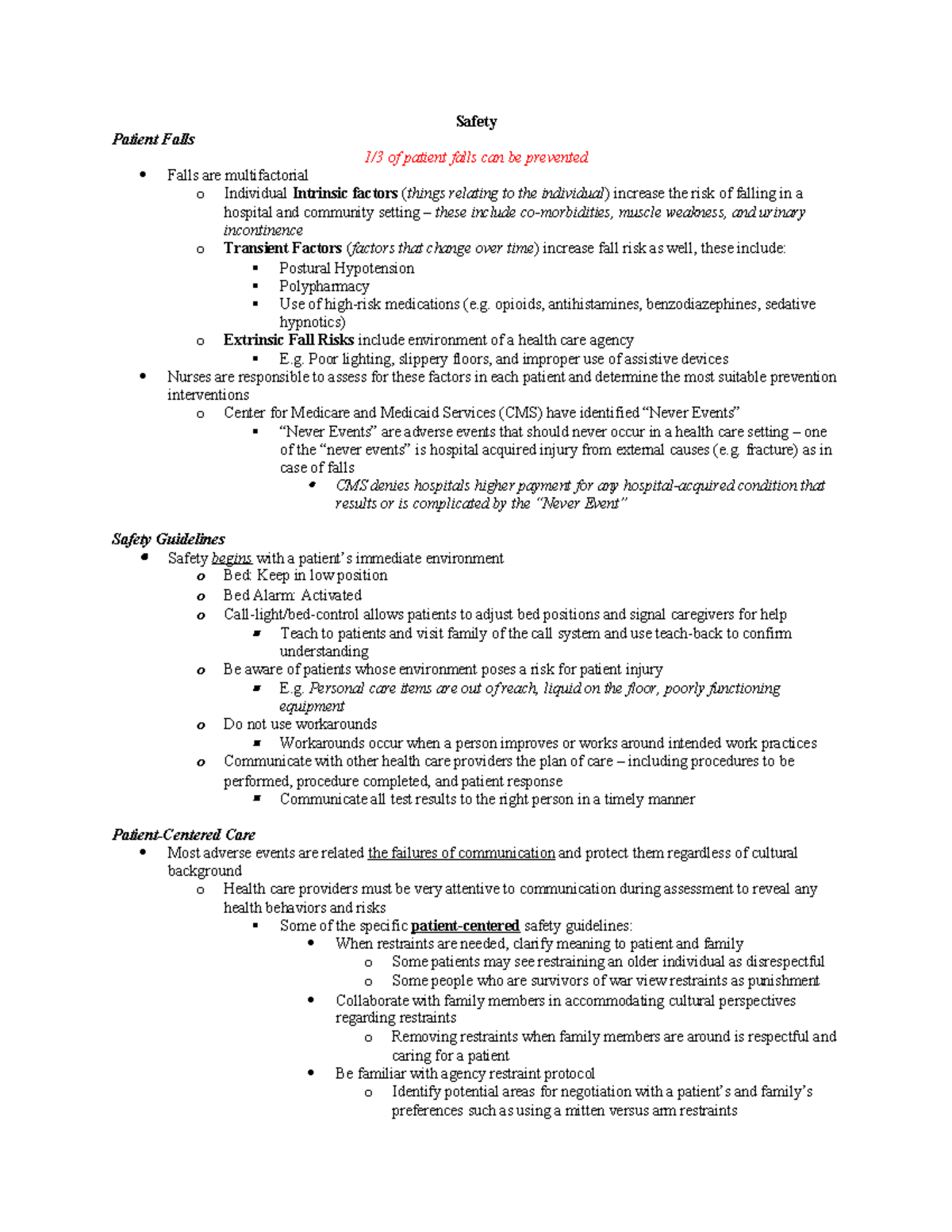BSN 206 Safety Lesson Week 4 & 5 - Safety Patient Falls 1/3 of patient ...