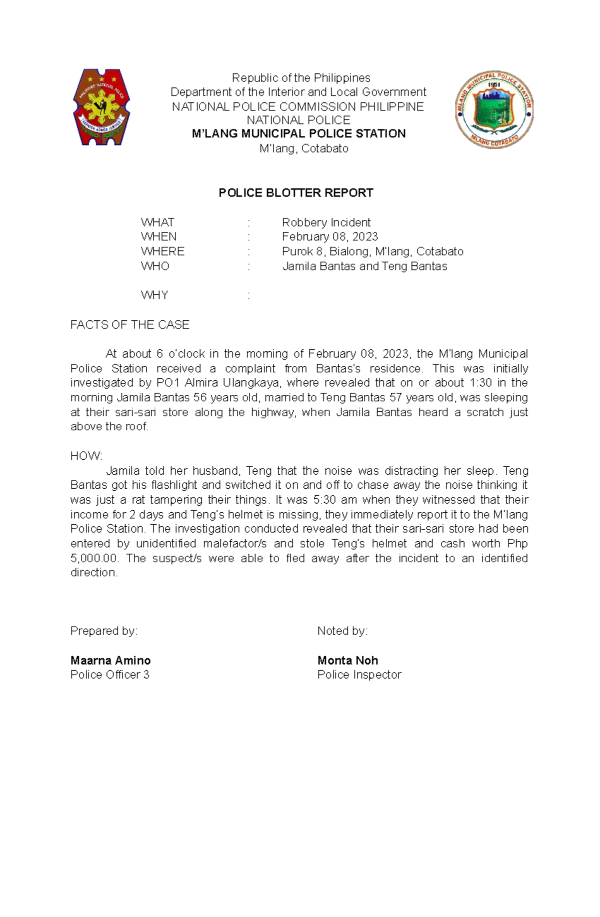 Police blotter - thanks - Republic of the Philippines Department of the ...