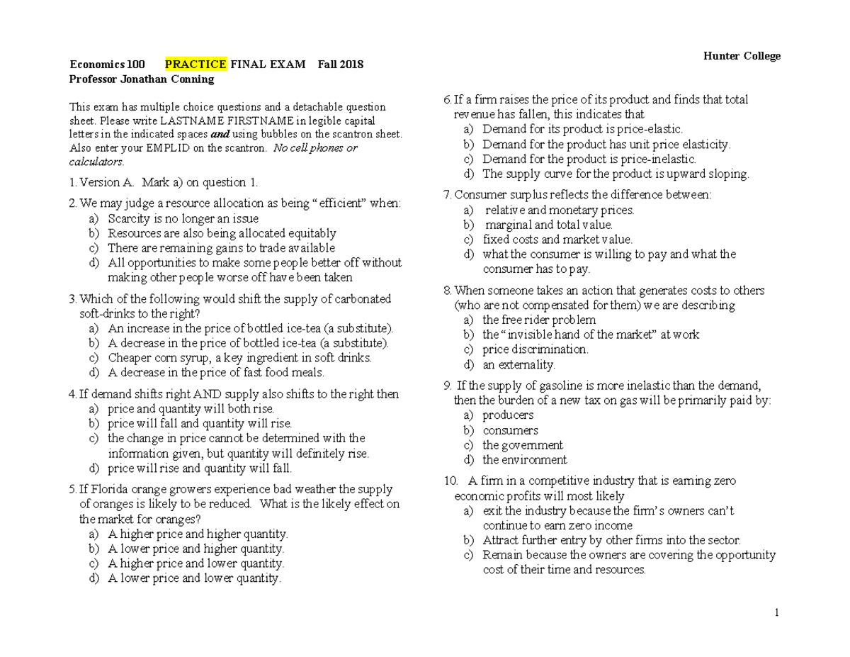 Economics 100 Practice Final Exam - Fall 2018 Study Guide - Studocu
