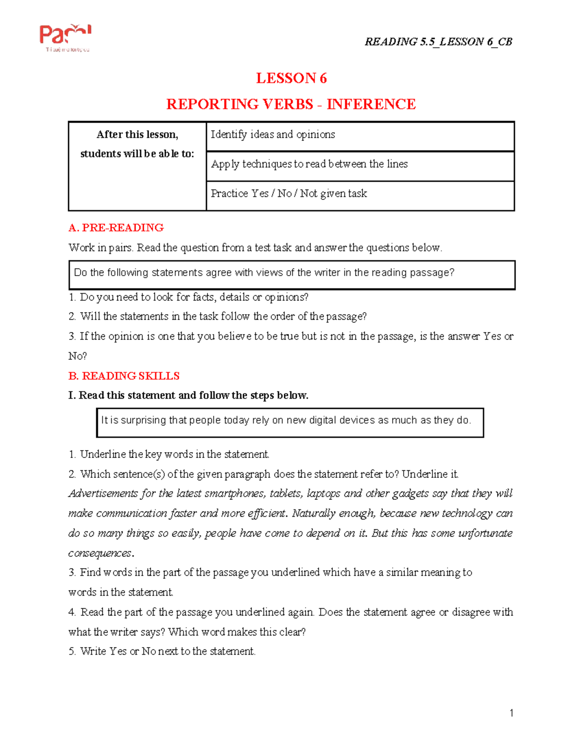 READING 5.5_CB LESSON 6 REPORTING VERBS & INFERENCE PRACTICE - Studocu