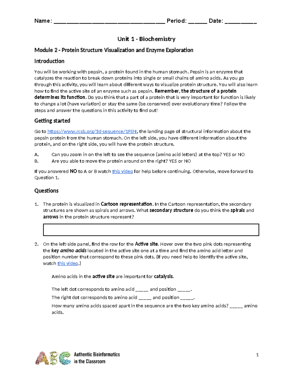 Protein Structure Visualization Worksheet - Questions - Name