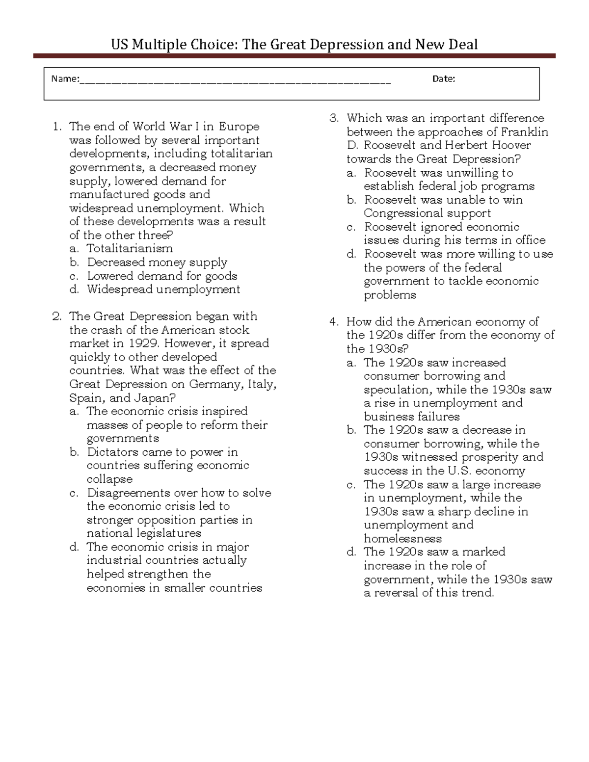 US MCQs: The Great Depression & New Deal Study Guide - Studocu