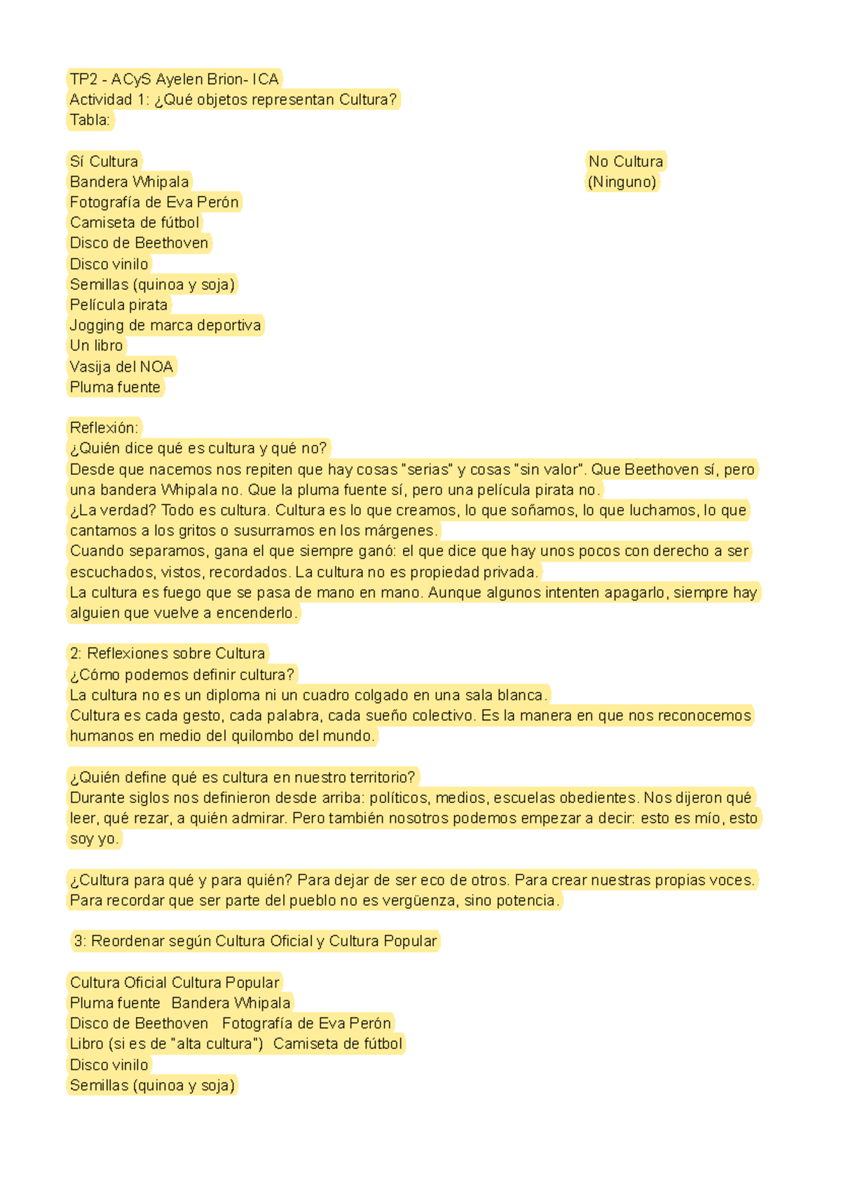 TP2 - ACyS Ayelen Brion: Reflexiones sobre Cultura y Identidad - Studocu