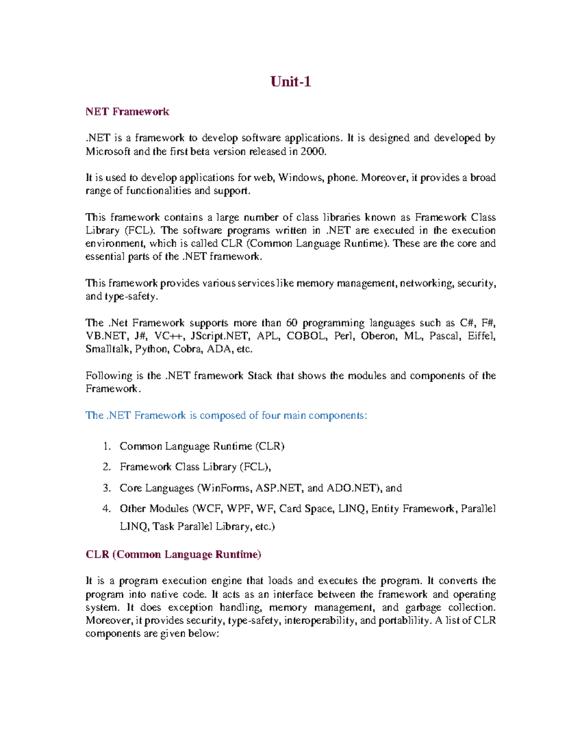 Unit-1 - Lecture Notes on .NET Framework Essentials - Studocu