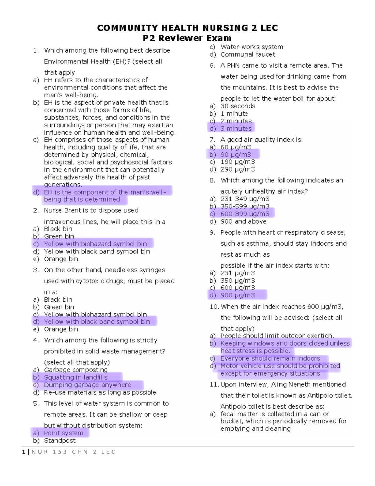 COMMUNITY HEALTH NURSING 2 LEC P2 Exam 1 Reviewer Guide - Studocu