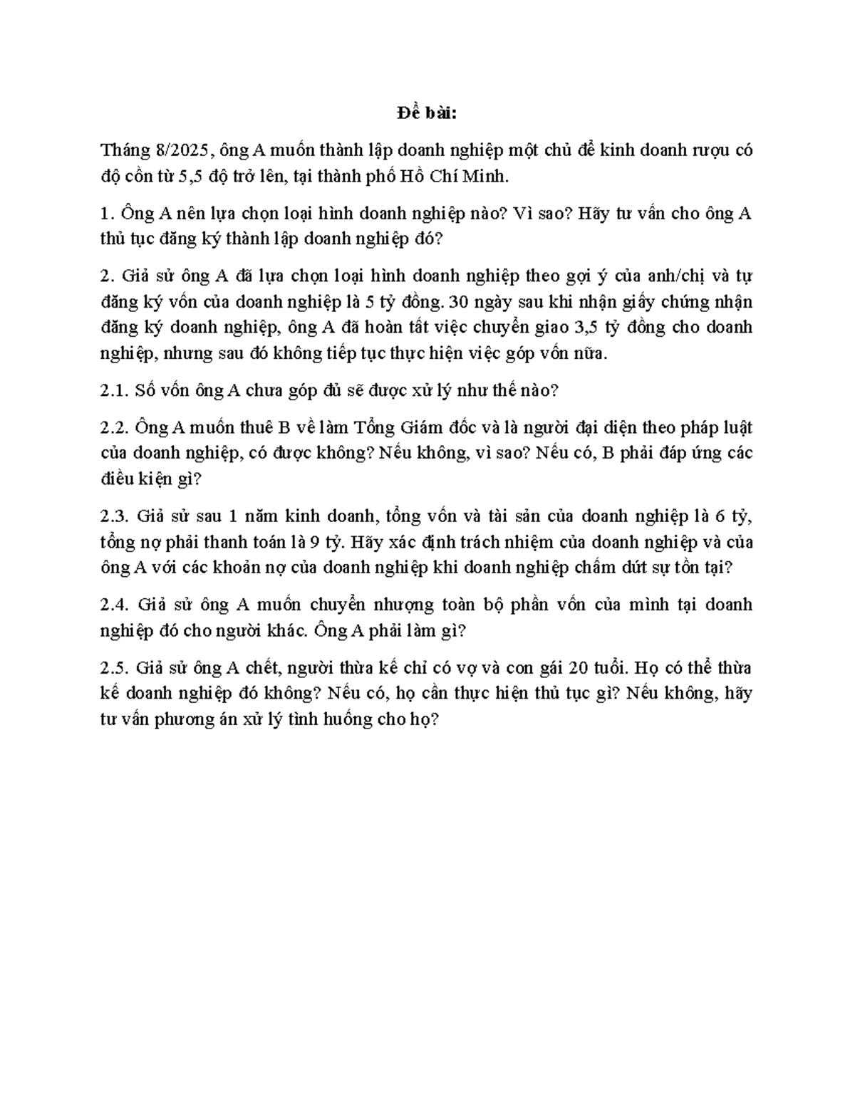 Tư vấn thành lập doanh nghiệp TNHH MTV cho ông A - BTN LTM - Studocu