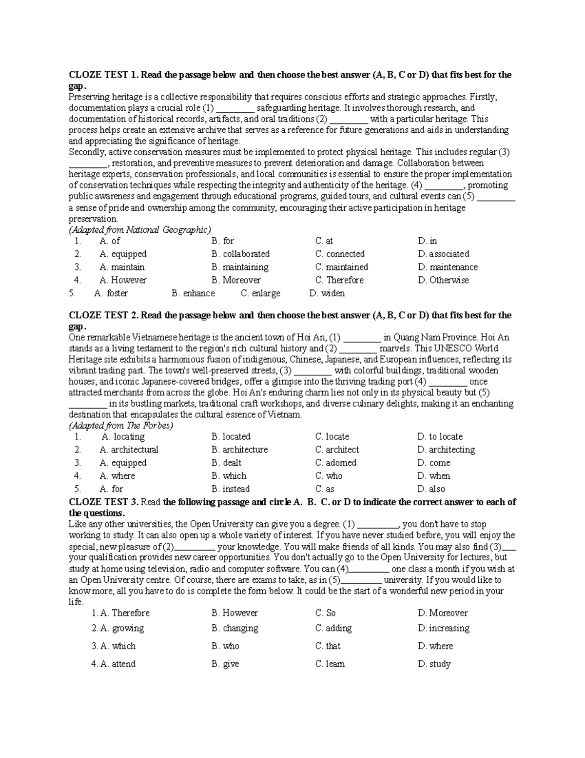CLOZE TEST - Multiple Choice Questions on Heritage and Culture - Studocu