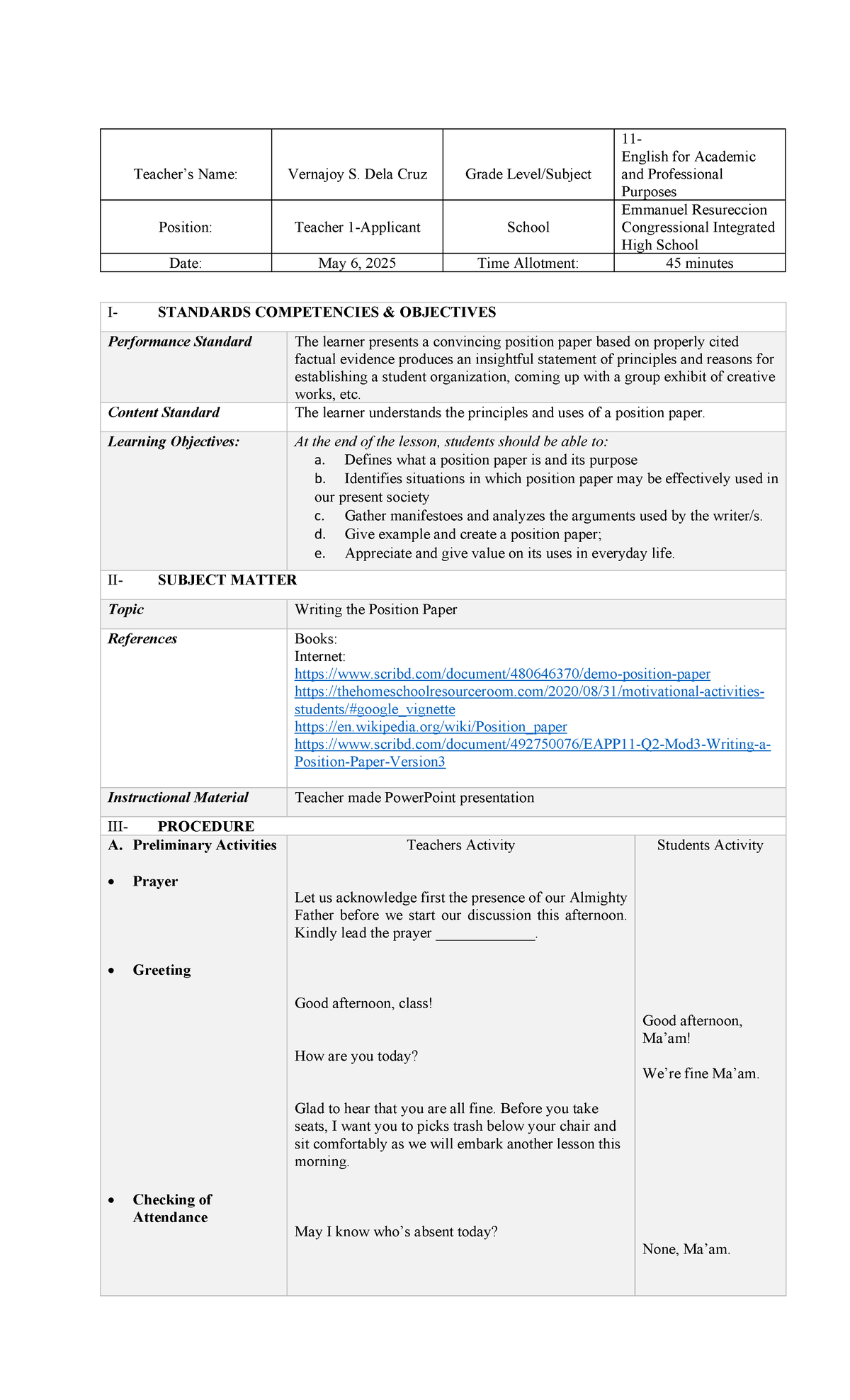 LP- Senior: Writing a Position Paper Lesson Plan - Studocu