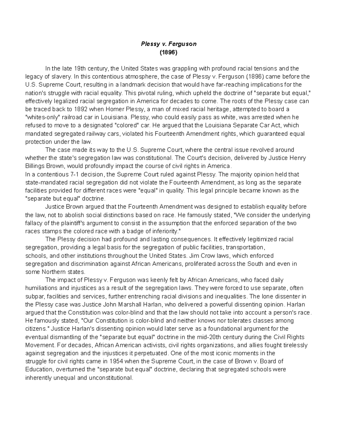 Plessy v Ferguson (1896) - Assignment Overview and Key Questions - Studocu