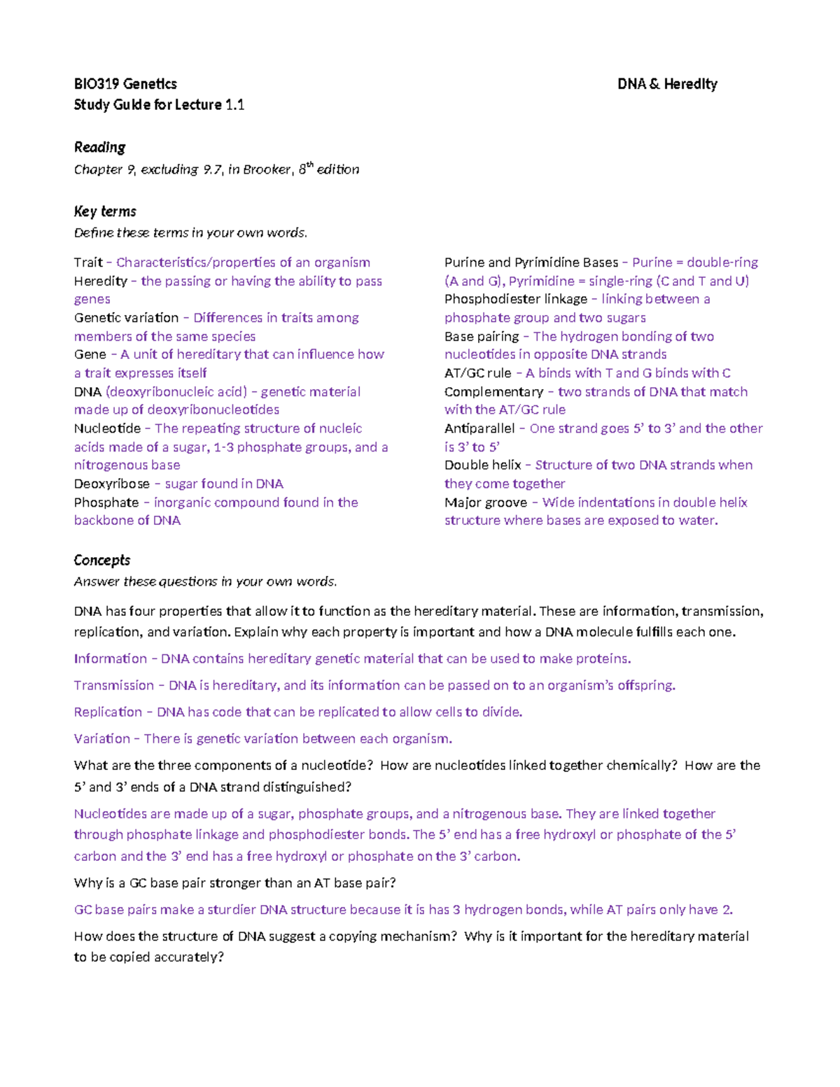 BIO319 Genetics Study Guide: Lecture 1.1 DNA & Heredity Concepts - Studocu