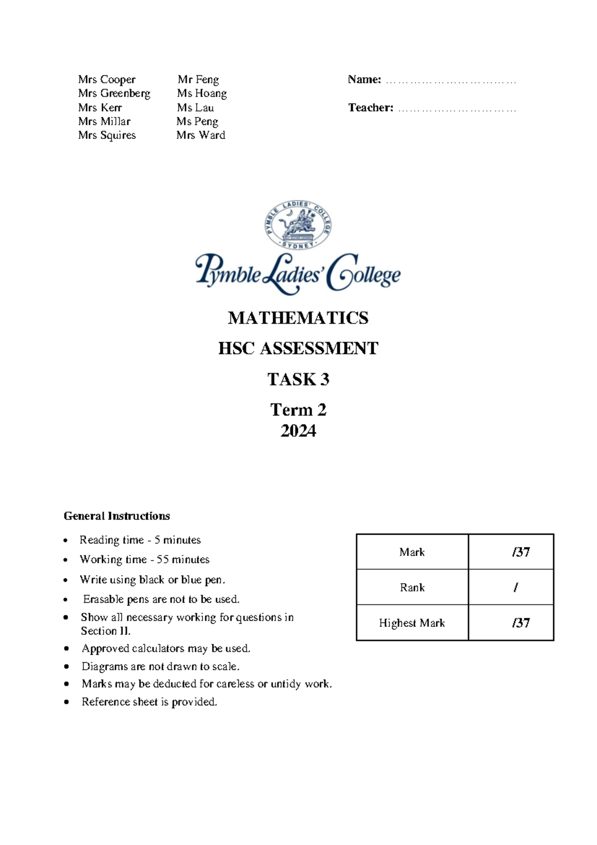 MATHEMATICS HSC ASSESSMENT TASK 3 - Term 2 2024 - Studocu