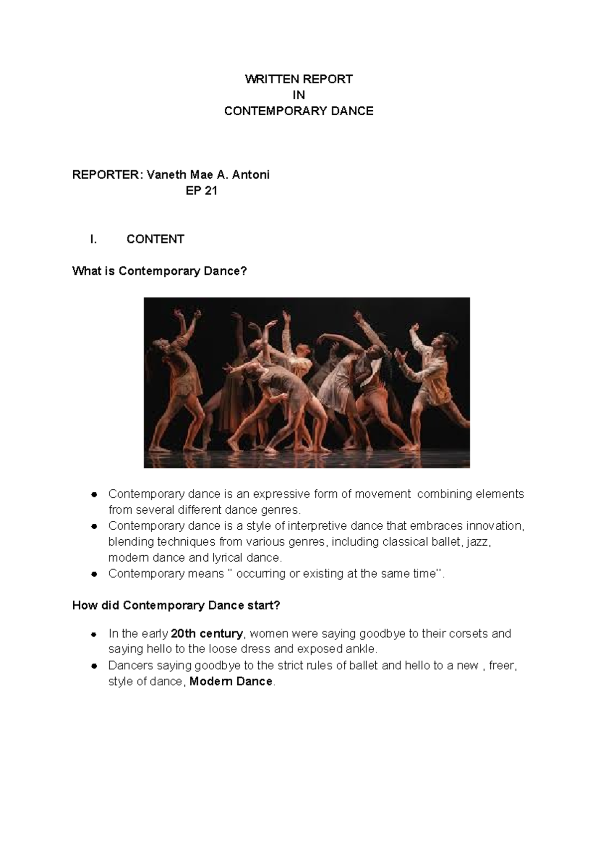 Final Written Report IN Contemporary Dance- Antoni - WRITTEN REPORT IN ...