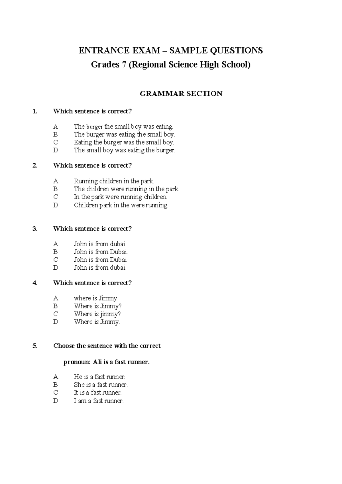 REG SCI English: Entrance Exam Sample Questions and Answers - Studocu