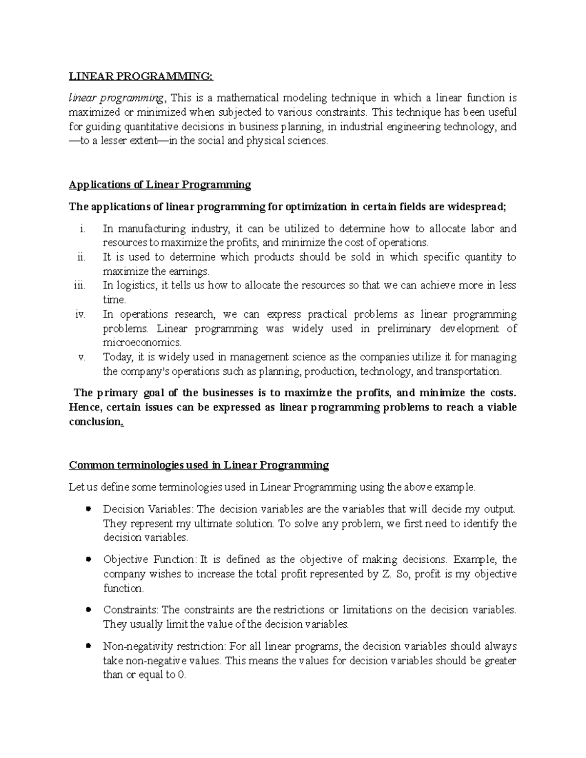 Linear Programming Notes: Applications, Terminologies & Exercises - Studocu
